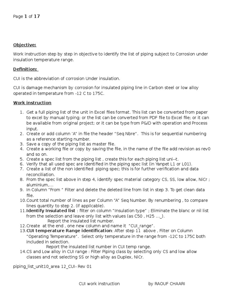 CUI_work Instruction_Piping List Identification | Microsoft Excel ...