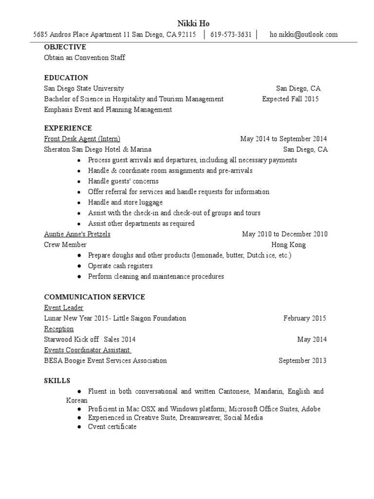 Hospitality Management Resume for Nikki Ho | PDF