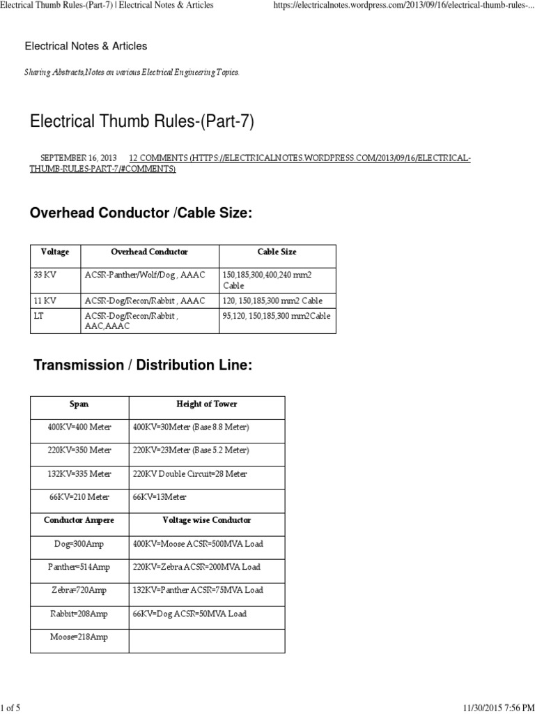 Electrical Thumb Rules-(Part-7): Overhead Conductor /Cable Size | Cable ...