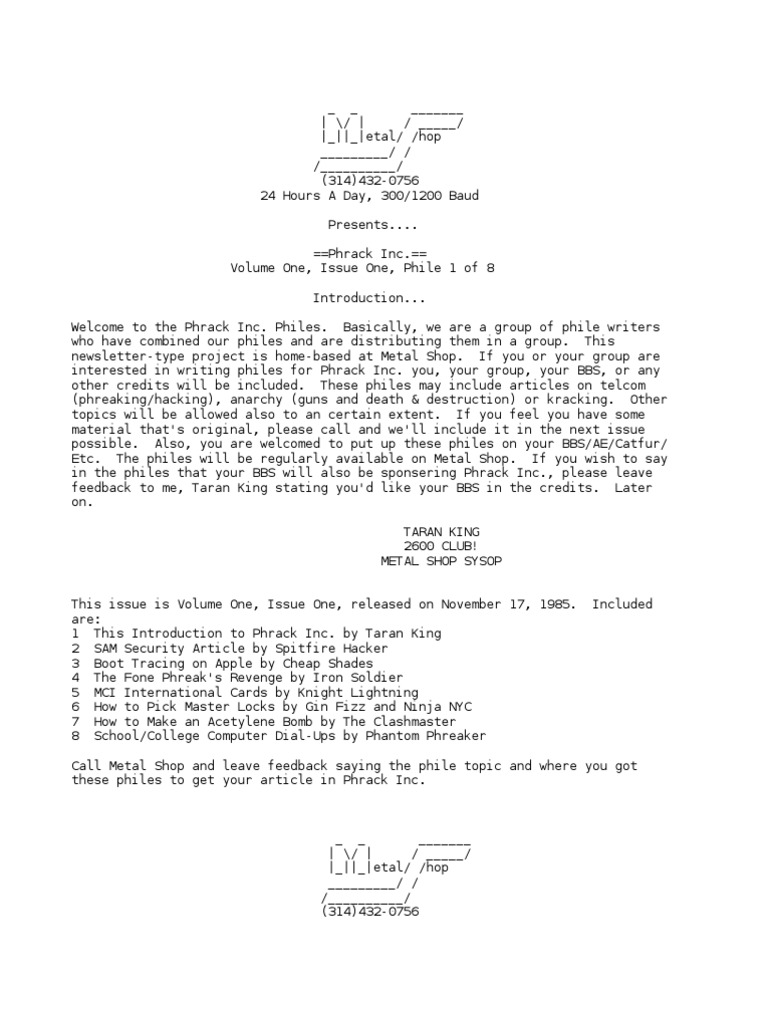 Phrack Magazine Issue 1 Pdf Telecommunications Telephony 