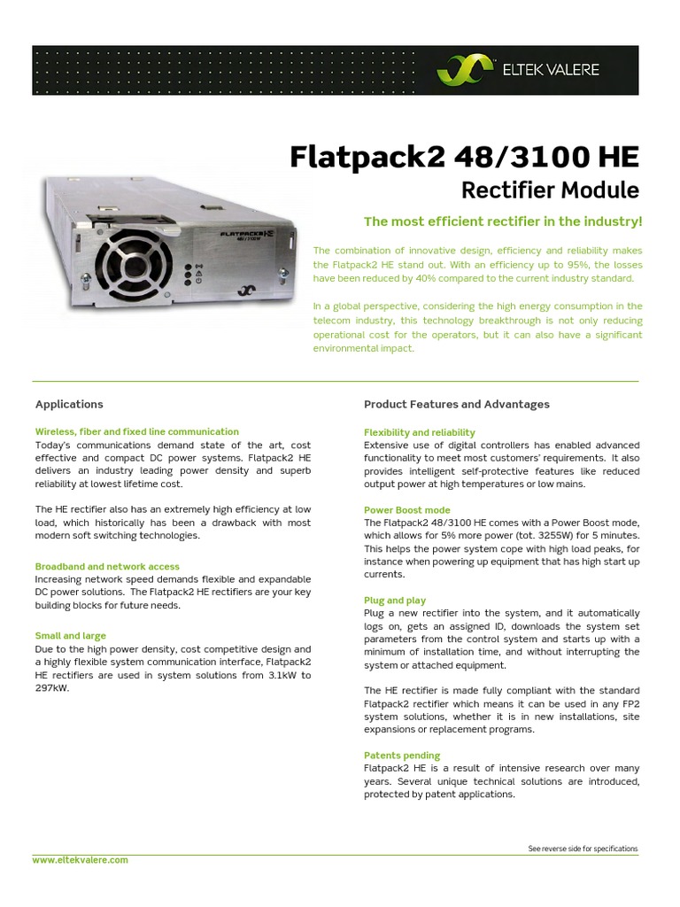 Datasheet Flatpack2 48 V 3100 HE New PDF | PDF | Rectifier | Mains Electricity