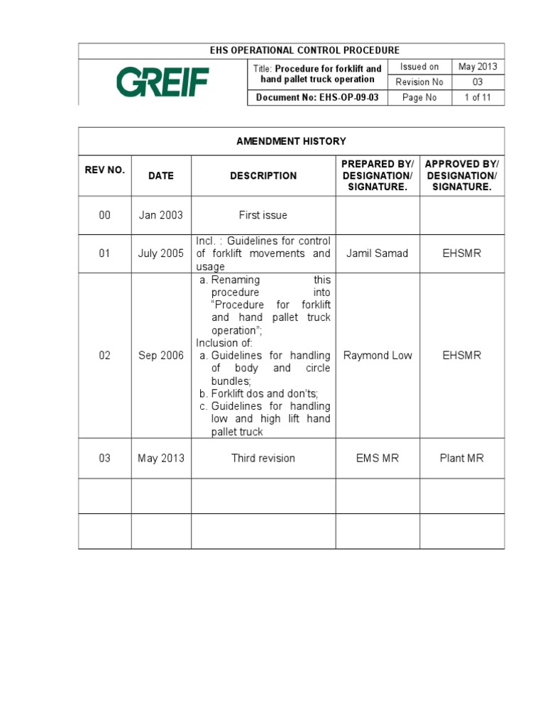 EHS OP 09 03 Procedure For Forklifts | PDF | Forklift | Elevator