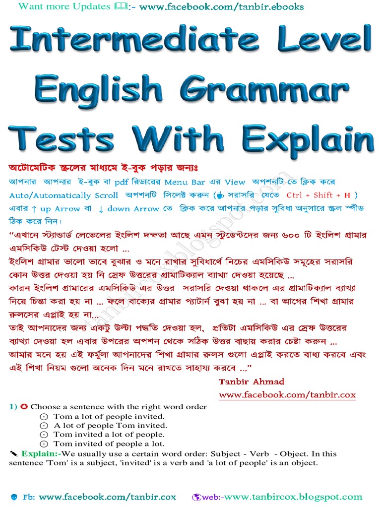 Intermediate Level Grammar Tests With Explain | PDF | Verb | Adverb