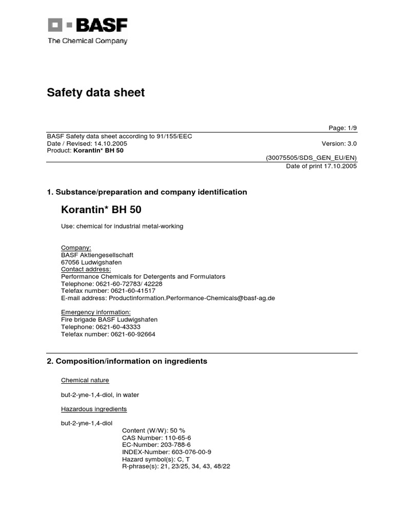 Korantin BH 50 MSDS | PDF | Personal Protective Equipment | Formaldehyde