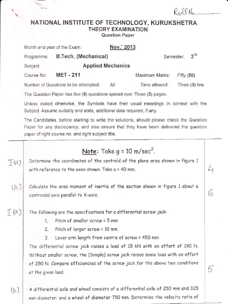Applied Mechanics Question Paper | Physical Quantities | Force | Free ...