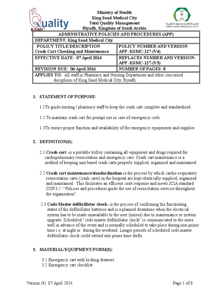 APP-KSMC-127 - (V4) - Crash Cart Checking & Maintenance Rev120314 | PDF ...
