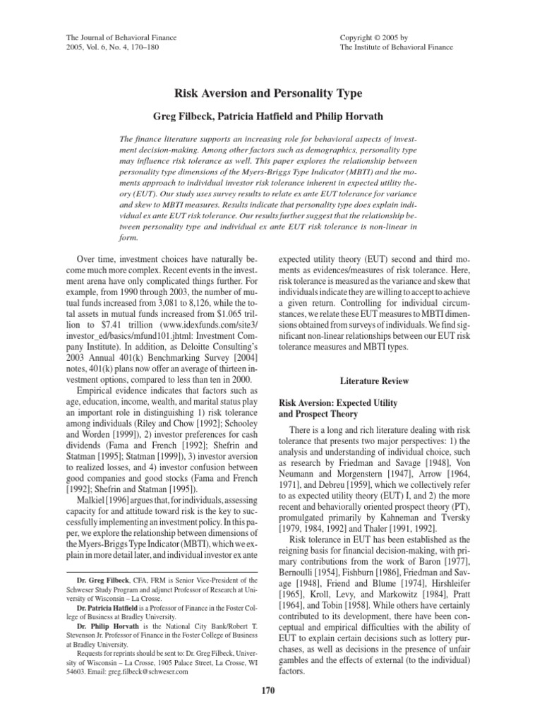 (Group 7) Risk Aversion and Personality Type PDF | PDF | Risk Aversion ...