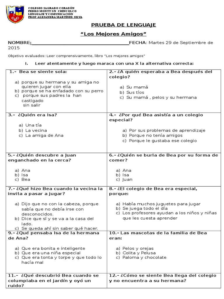 Prueba de Lenguaje: "Los Mejores Amigos" | PDF | Ocio