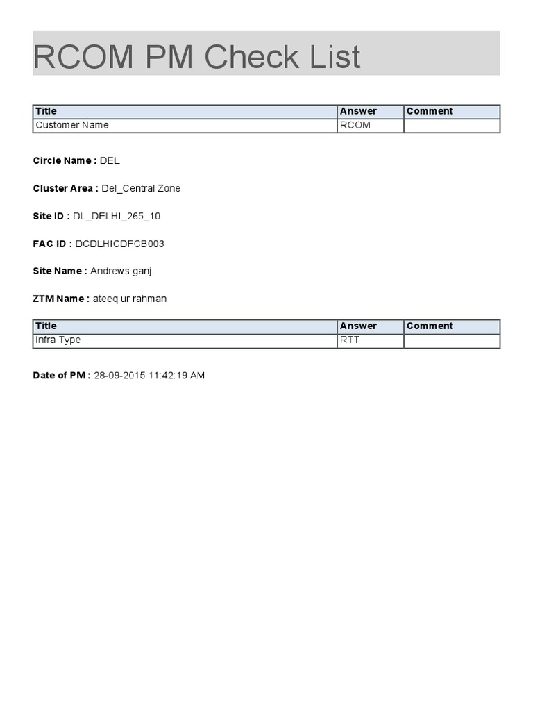 RCOM PM Check List | PDF | Cable | Electrical Engineering