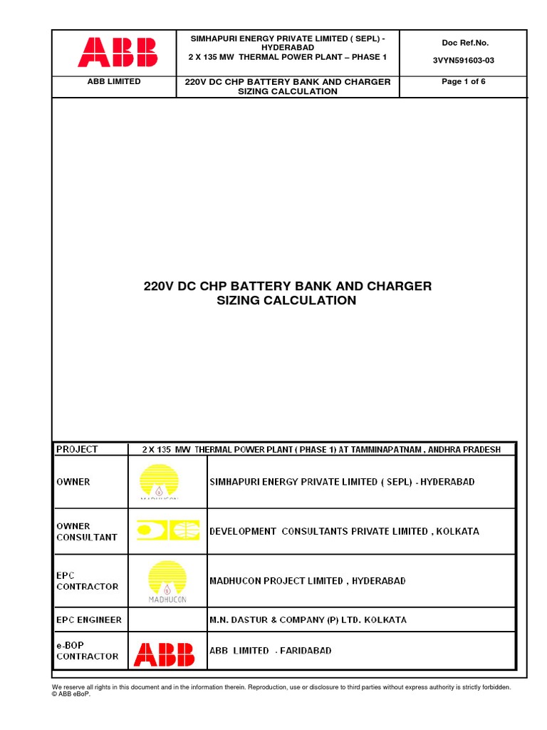 220v DC CHP Battery Bank and Charger Sizing Calculation | PDF | Battery ...