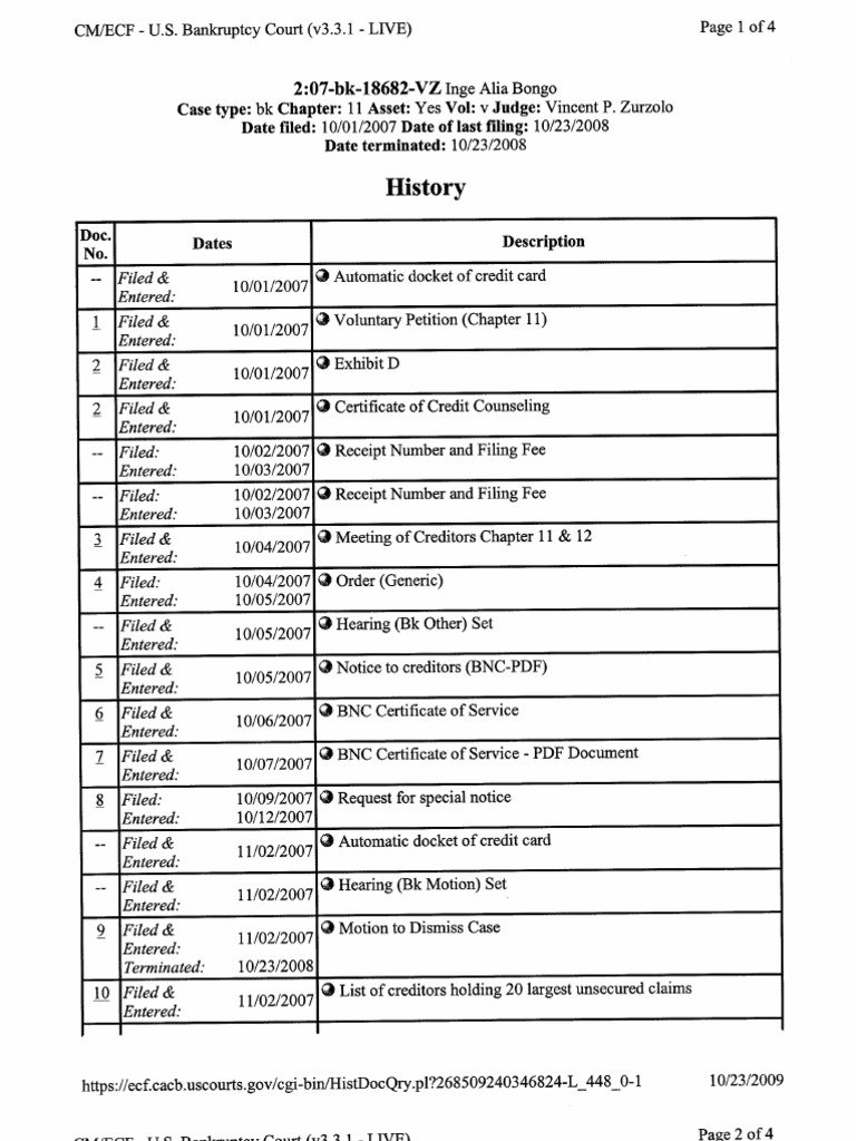 Inge Lynn Collins Bongo Bankruptcy Case (History) | PDF