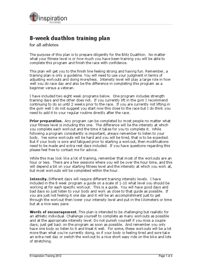 8 Week Blitz Duathlon Training Plan PDF | PDF | Physical Fitness ...
