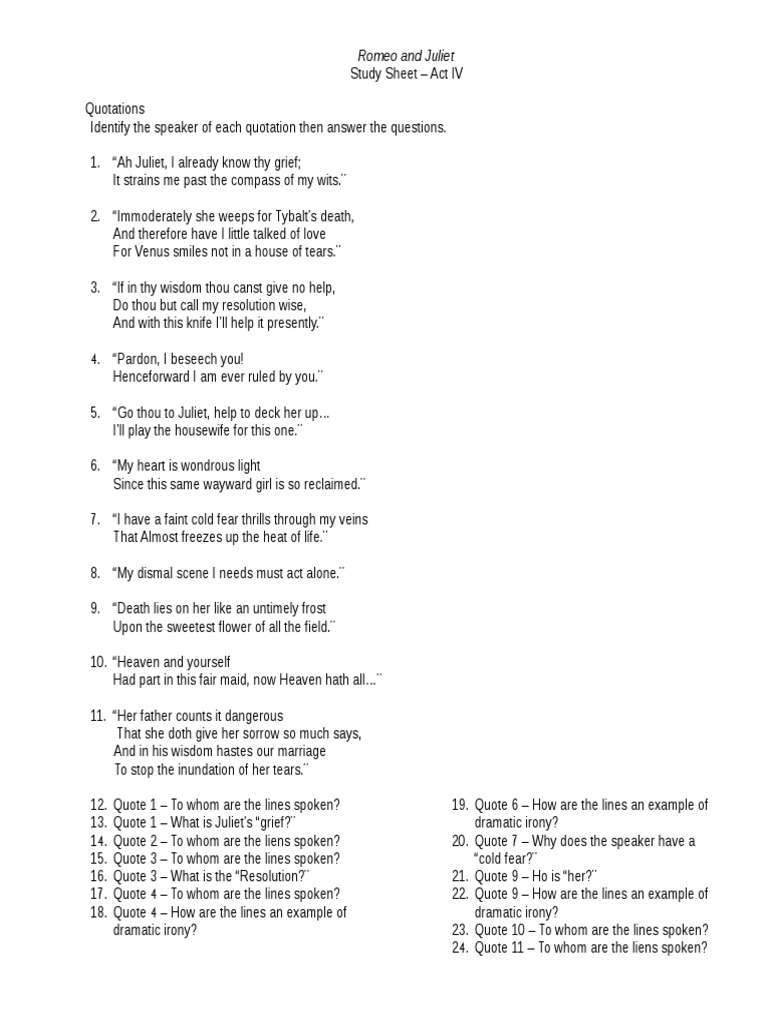 Romeo and Juliet Act IV Study Guide | PDF | Romeo And Juliet