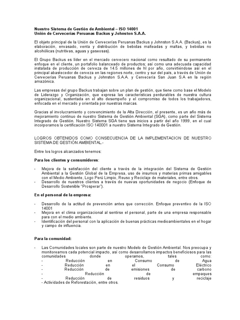Backus - Experiencia 14001 - Sga v3 | PDF | Economias | Business