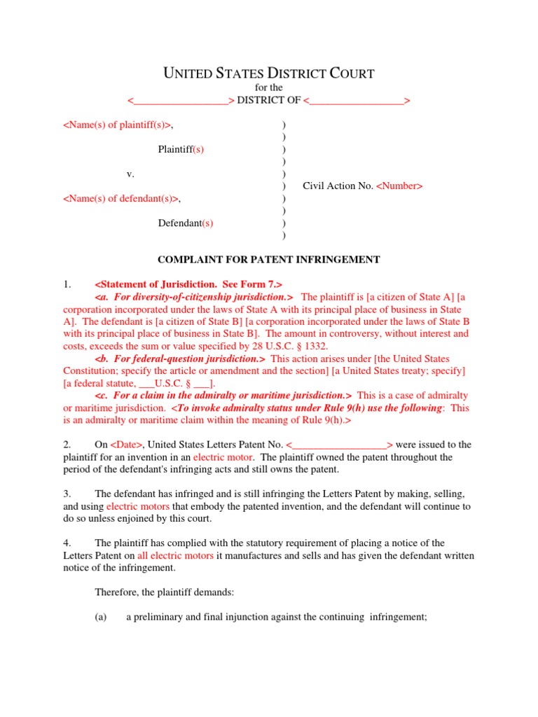 Patent Infringement Complaint Form | PDF | Patent | Jurisdiction