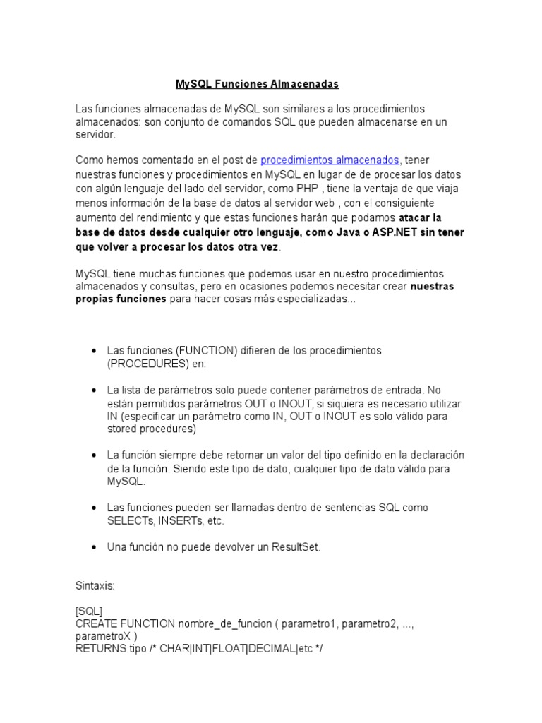 MySQL Funciones Almacenadas | PDF | SQL | Servidor web