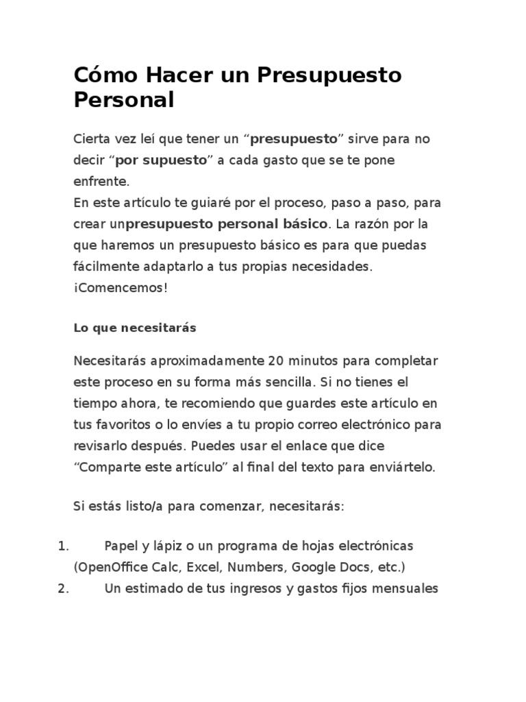 Cómo Hacer Un Presupuesto Personal | PDF | Presupuesto | Dinero