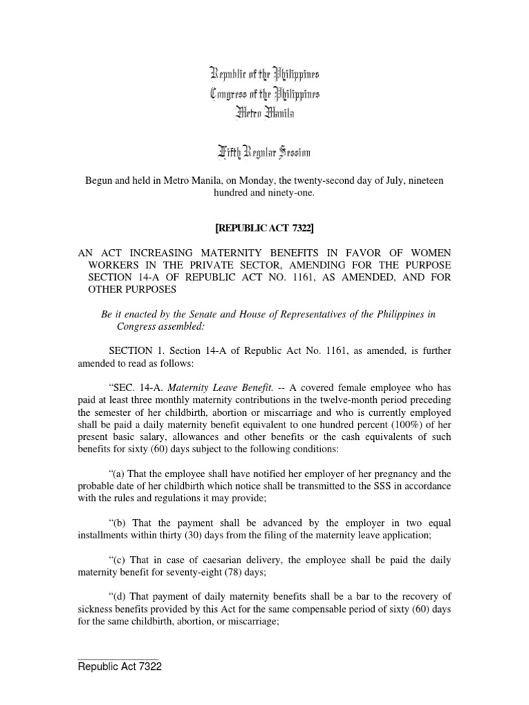 Republic Act 7322 | PDF | Parental Leave | Employment