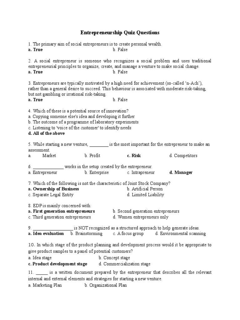 Entrepreneurship Quiz EX AM | PDF | Entrepreneurship | Social ...