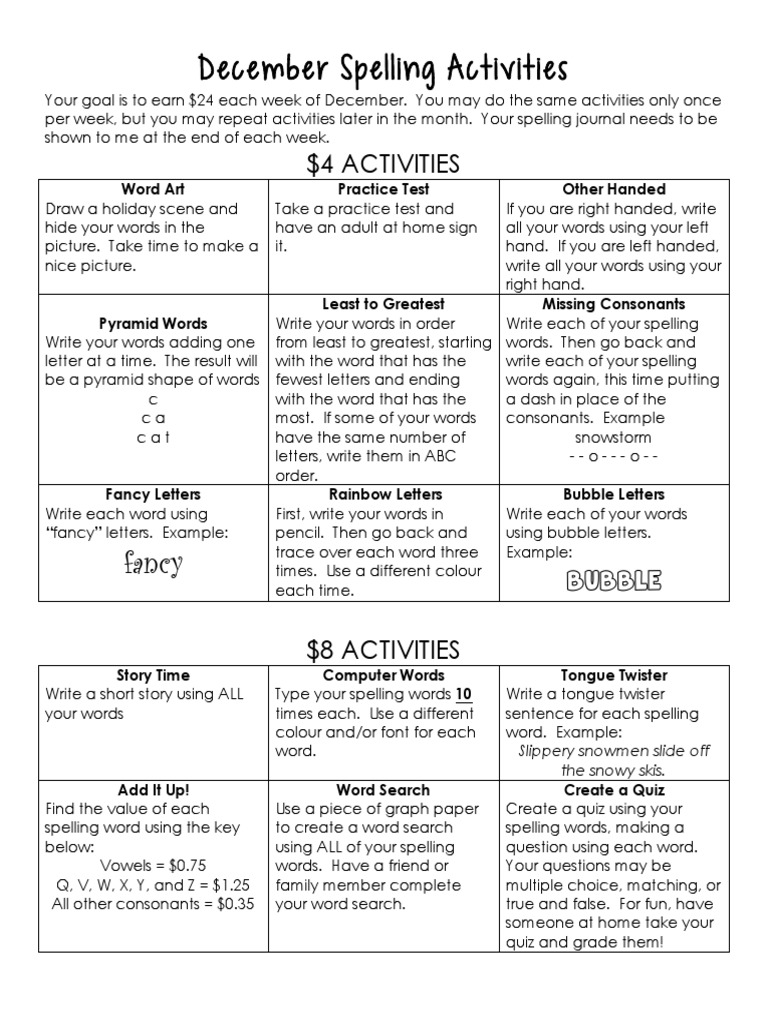 December Spelling Activities | PDF