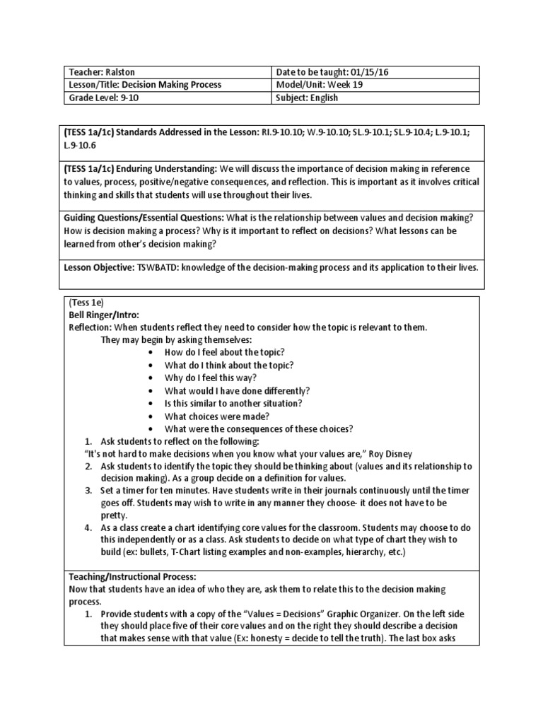Decision Making Engagement Sample Lesson Plan | PDF | Decision Making ...