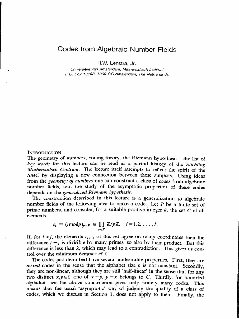 Codes From Algebraic Number Fields: H.W. Lenstra, JR | Download Free ...