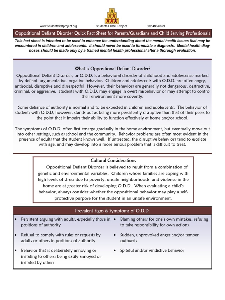 ODD Quick Fact Sheet For Parents Guardians and Child Serving ...