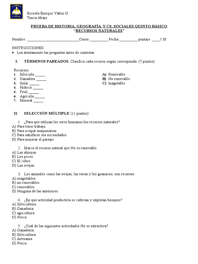 PRUEBA de 5 Recursos Naturales | PDF | Chile | Agua
