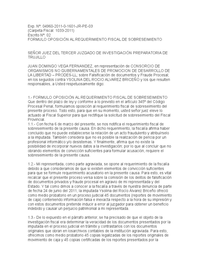 Modelo Escrito de Oposicion Al Sobreseimiento | Ley procesal | Procedimiento Criminal