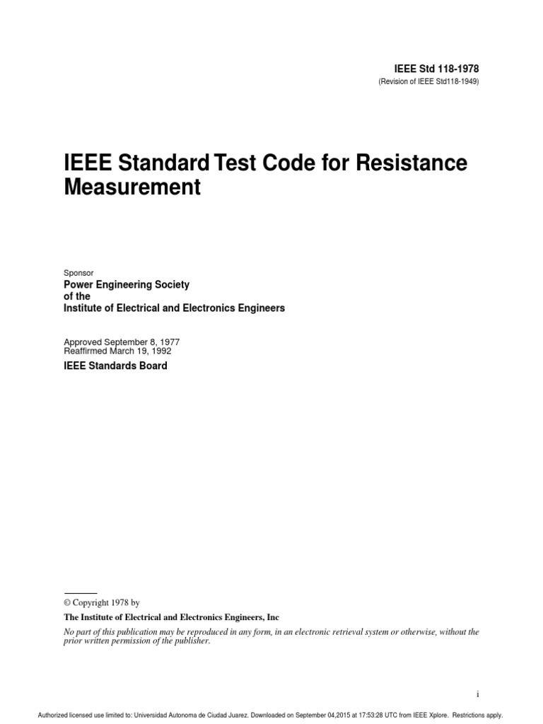 IEEE STD 118-1978 Standard Test Code For Resistence Measurament | PDF ...