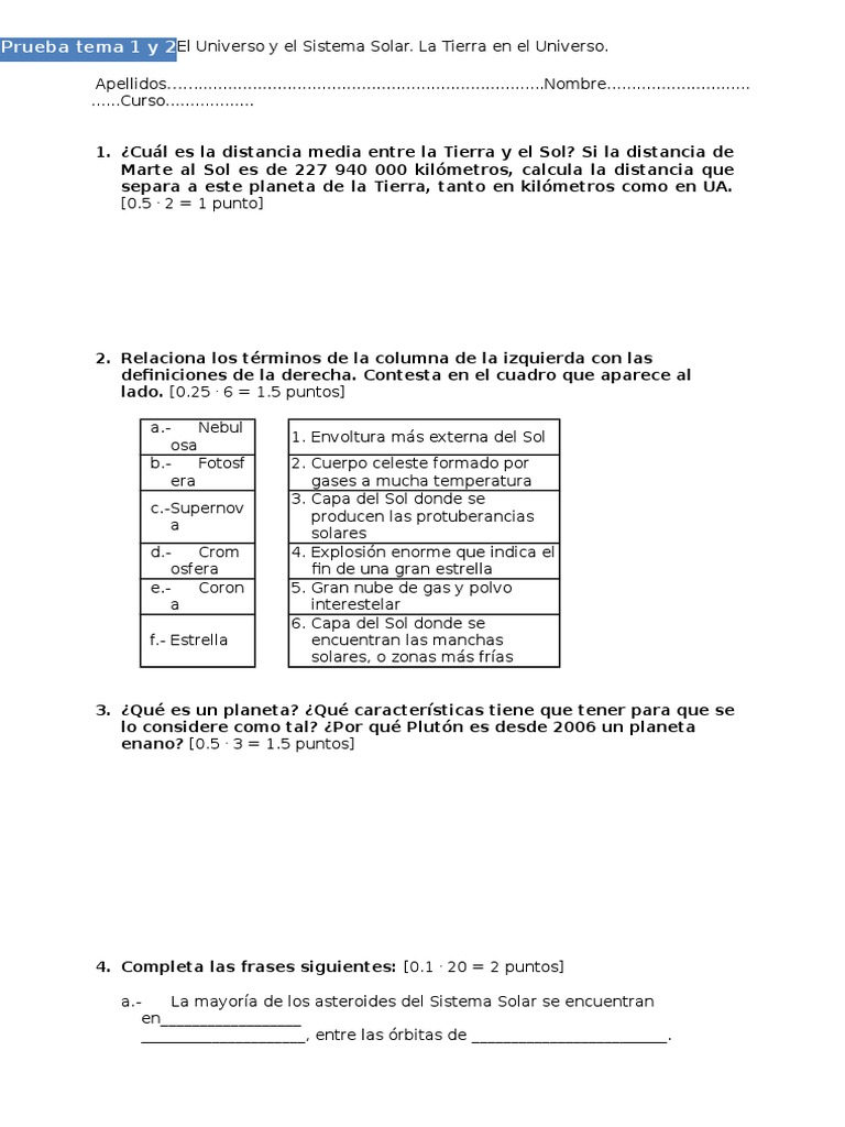 Examen sobre el Sistema Solar y la Tierra | PDF | Planetas | Sistema solar