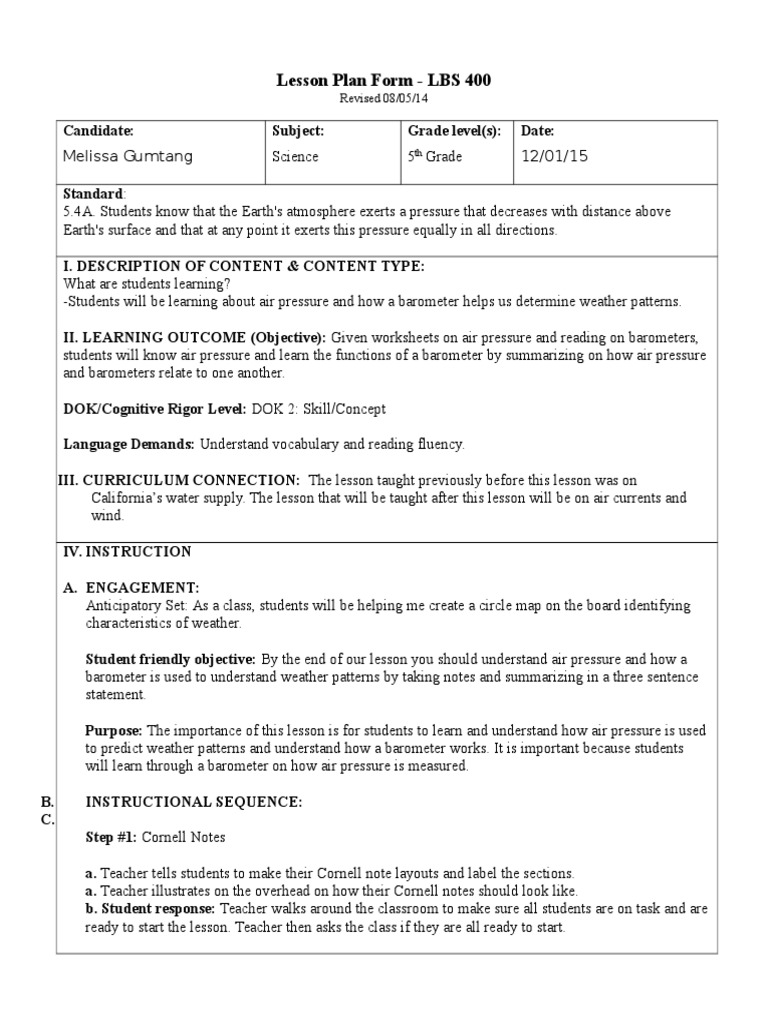 Air Pressure and Barometer Lesson Plan | PDF | Atmospheric Pressure ...
