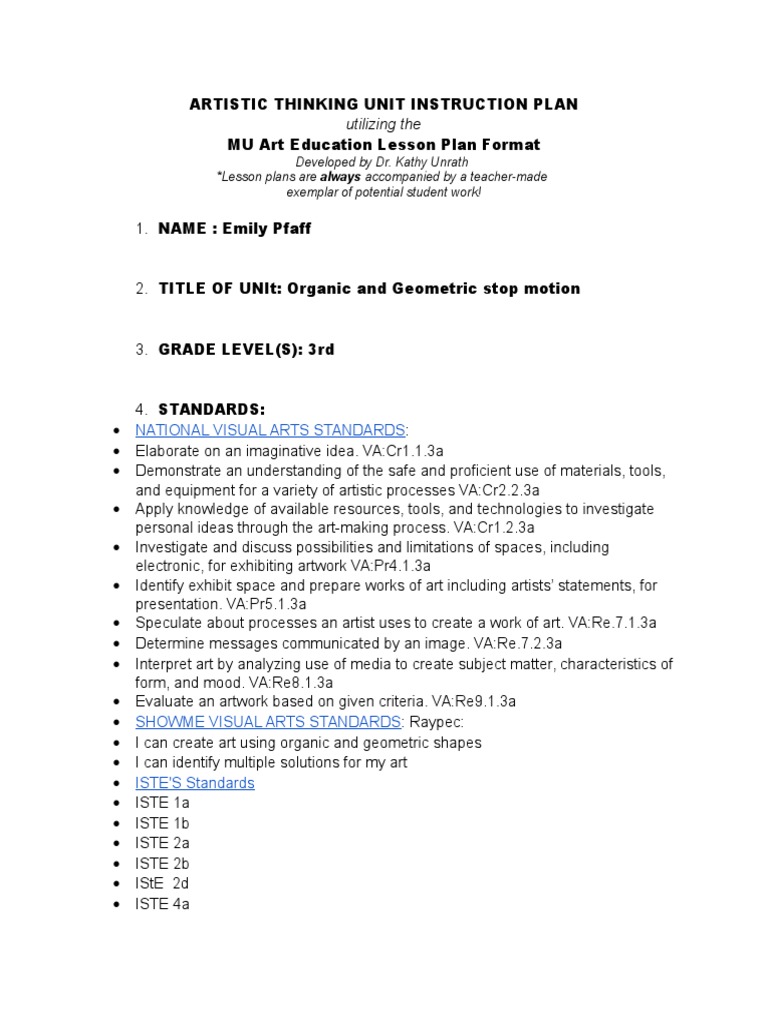 Artistic Thinking Unit Instruction Plan | PDF | Lesson Plan | Further ...