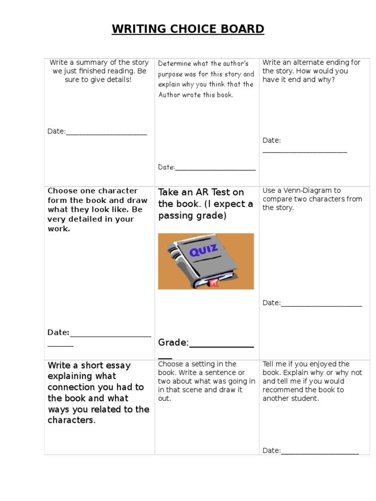 Writing Choice Board for Book Analysis | PDF | Teaching Methods ...