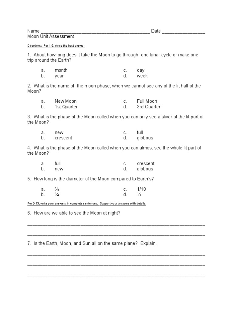 Moon Unit Assessment Questions | PDF | Teaching Methods & Materials ...