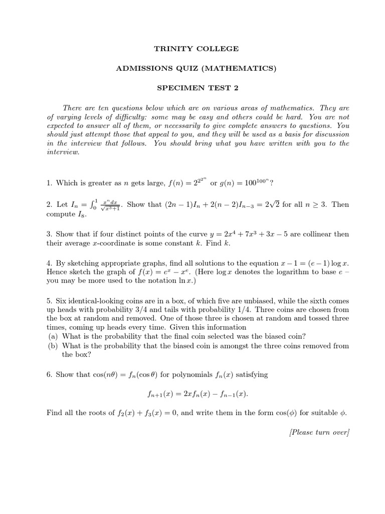 Trinity College Maths Tripos Interview Test | PDF | Logarithm ...