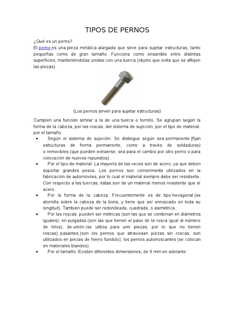 Tipos de Pernos | PDF | Tornillo | Ingeniería mecánica