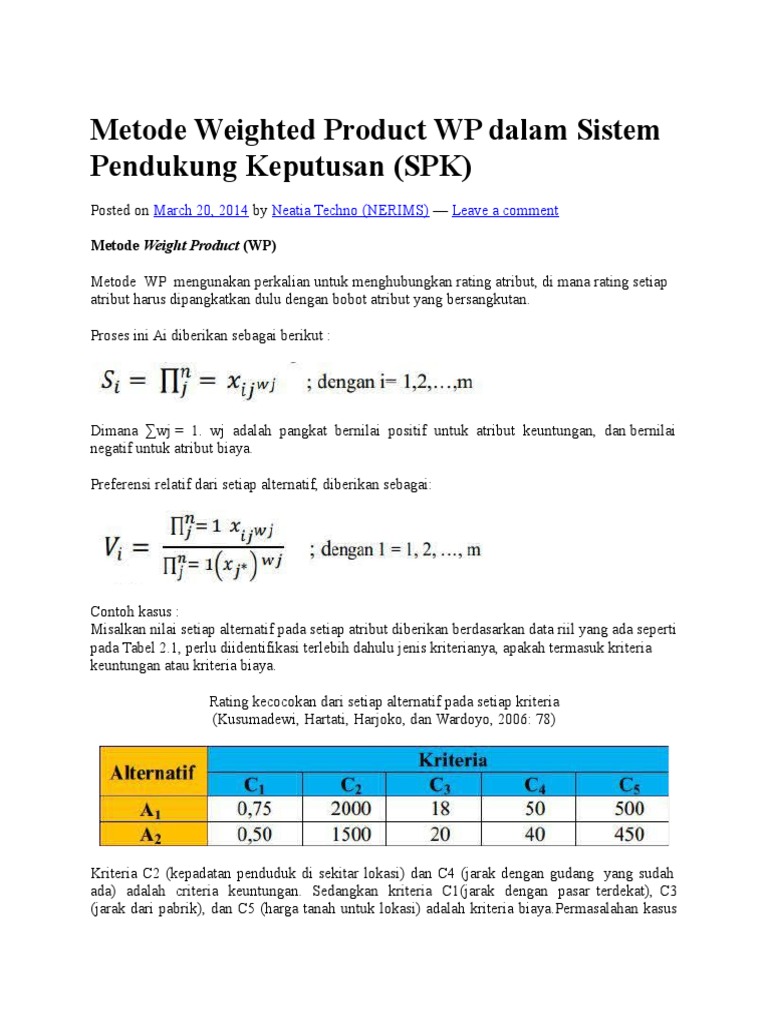 Metode Weighted Product WP Dalam Sistem Pendukung Keputusan | PDF