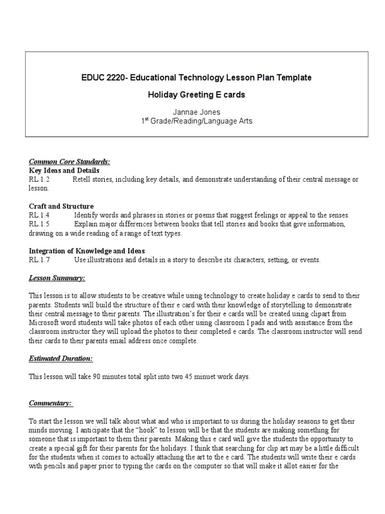 1st Grade Holiday E-Card Lesson Plan | PDF