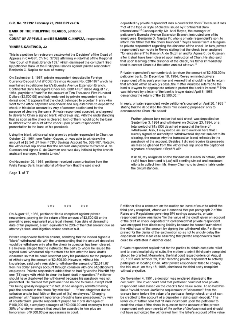 010 G.R. No. 112392 February 29, 2000 BPI Vs CA | PDF | Cheque | Deposit Account