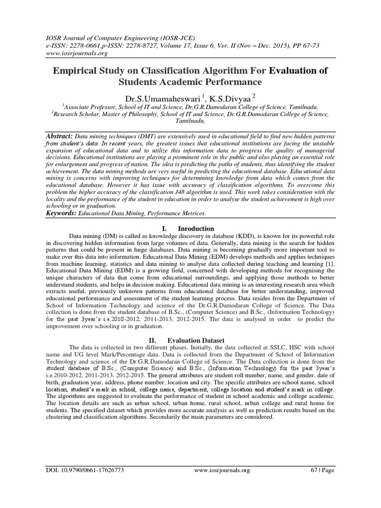 Empirical Study On Classification Algorithm For Evaluation of Students Academic Performance ...