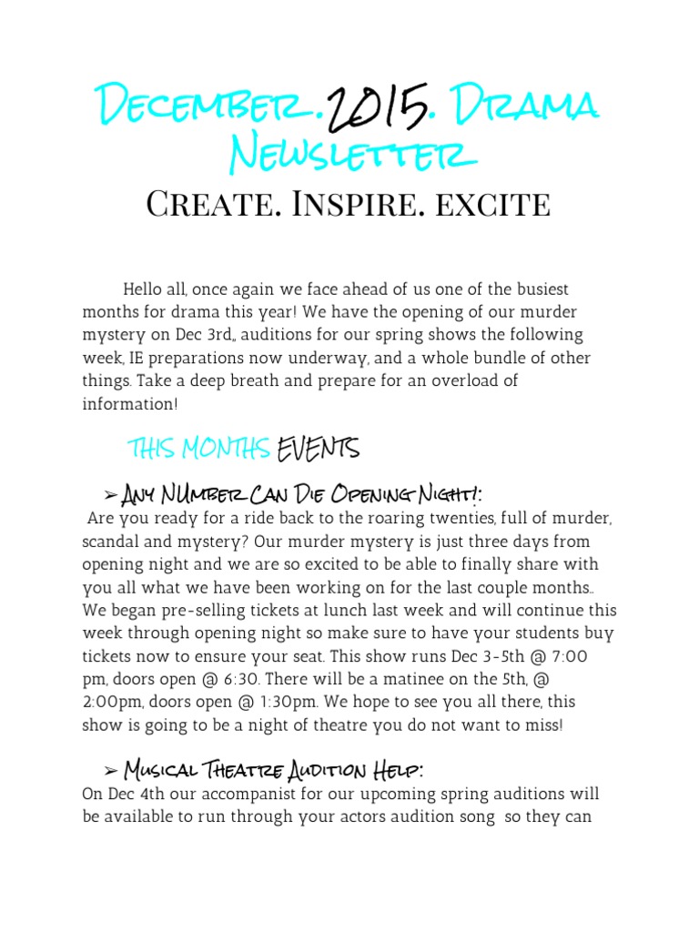 December 2015 Drama Newsletter Highlights | PDF | Audition | Leisure
