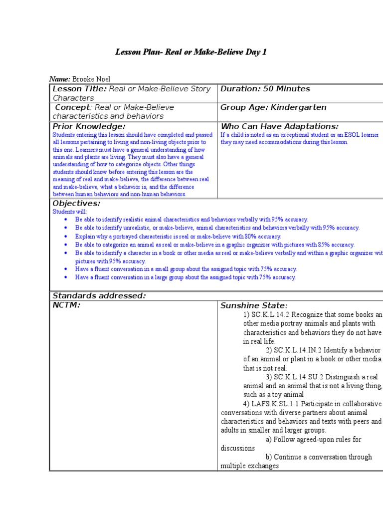 Lesson Plan-Real or Make-Believe Day 1 | PDF | Educational Assessment ...
