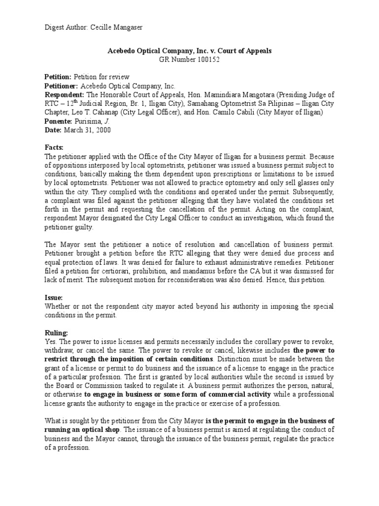 Acebedo V CA | PDF | Optometry | Complaint