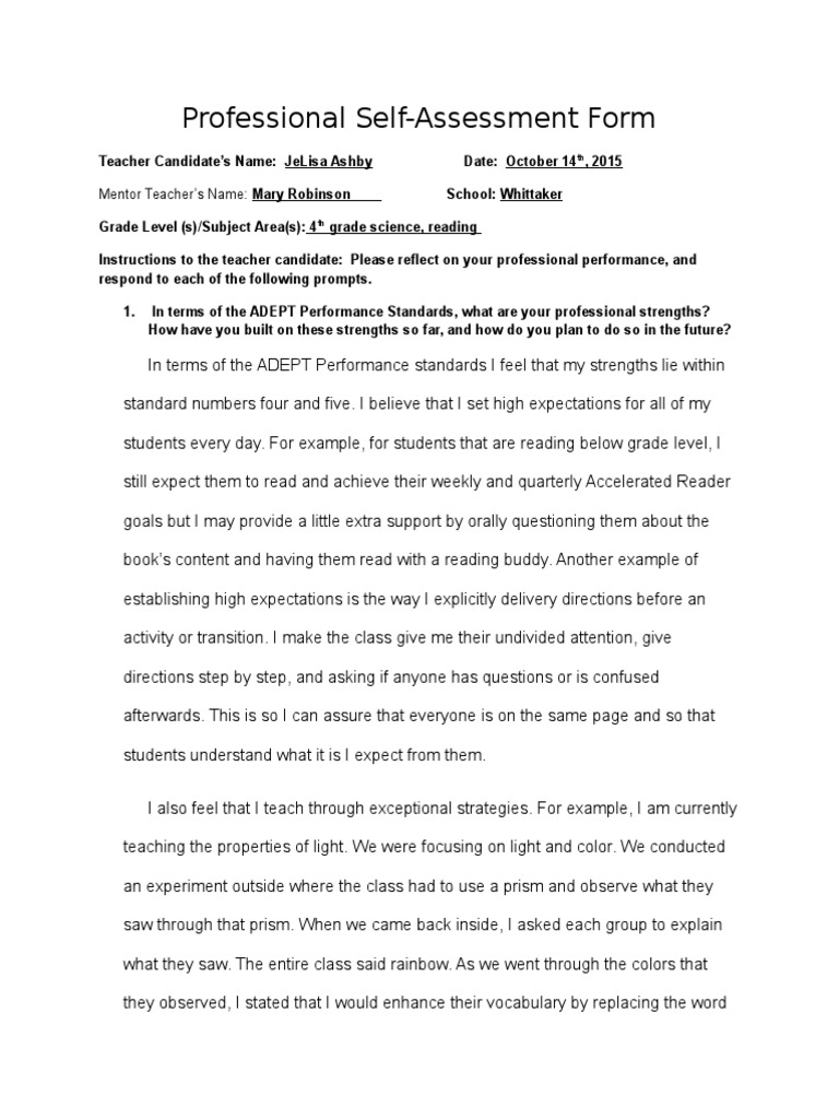 Professional Self Assessment Form | PDF | Educational Assessment ...