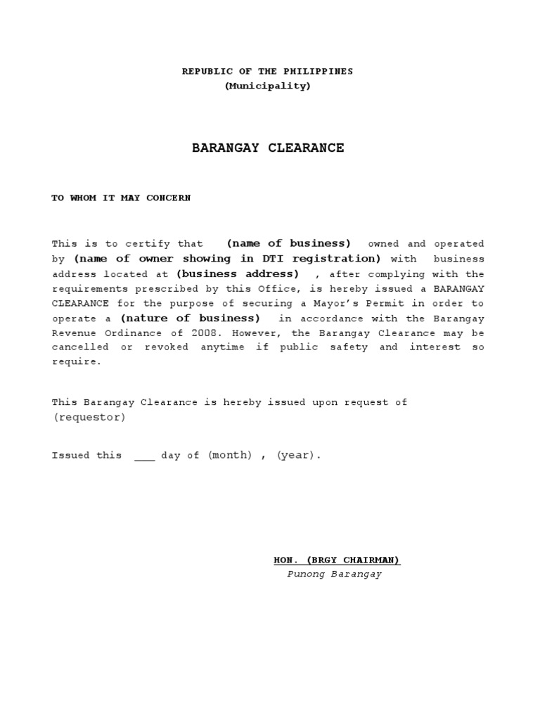Official Barangay Clearance Certificate for [Business Name] to Operate ...