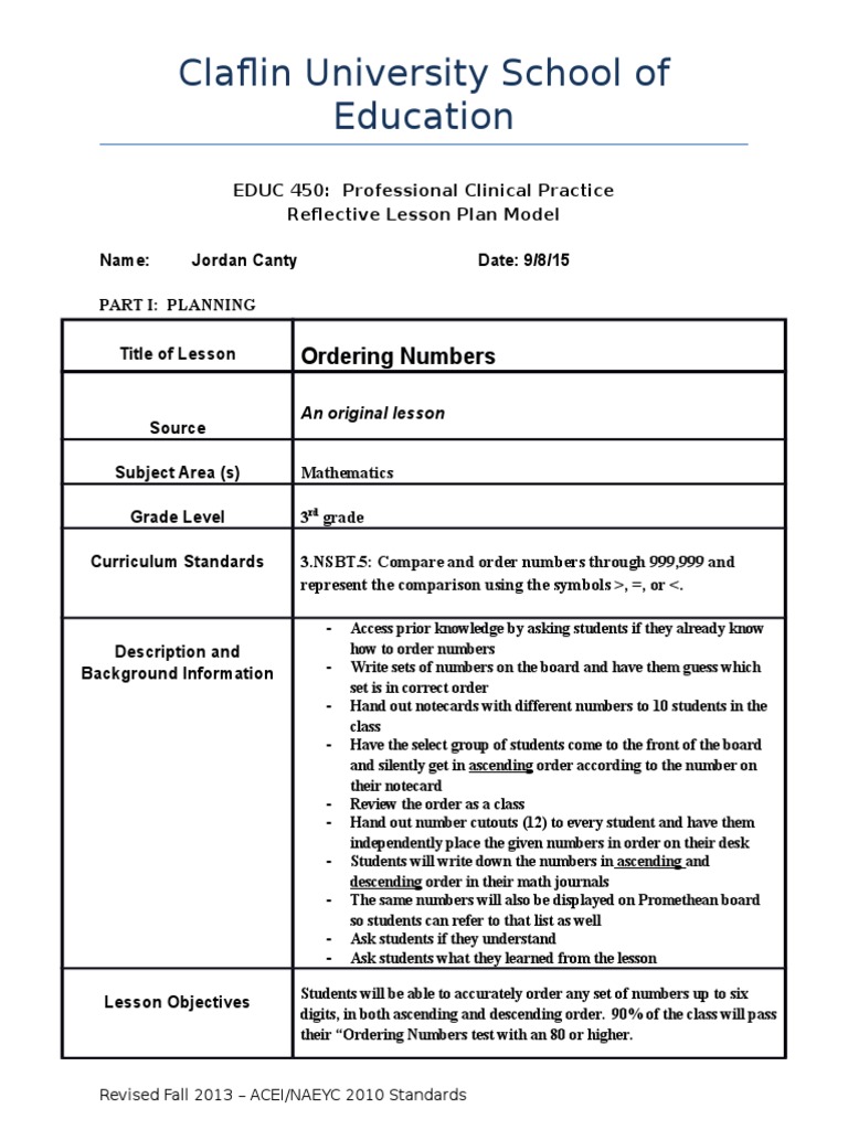 Reflective Lesson Plan Order Numbers | Lesson Plan | Educational Assessment