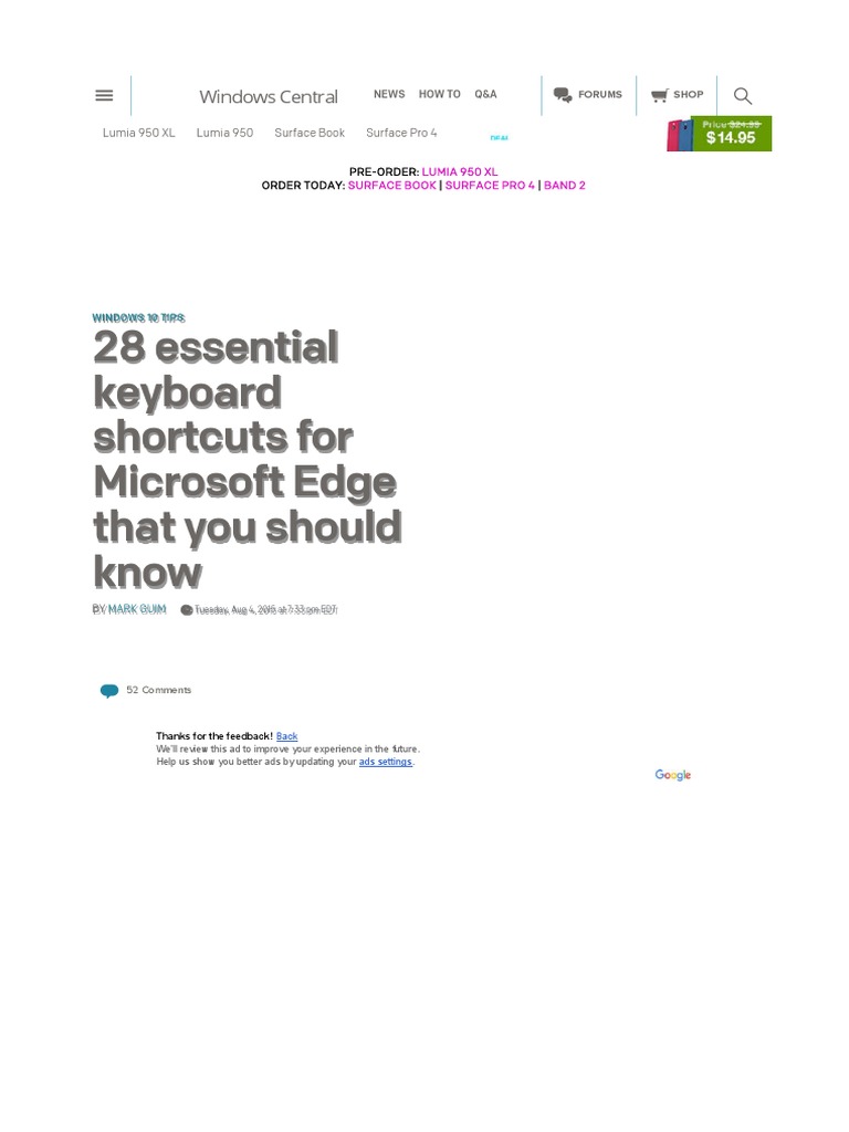 28 Essential Keyboard Shortcuts For Microsoft Edge | PDF | Windows 10 ...