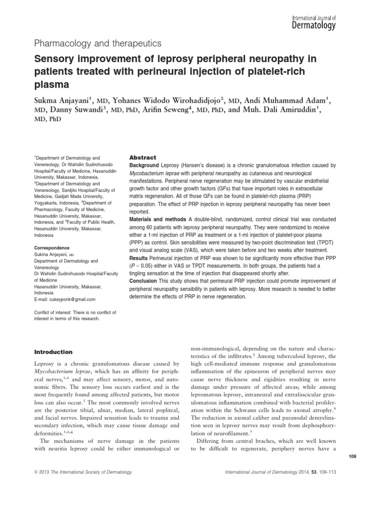 PRP Injection Enhances Leprosy Neuropathy Sensation | PDF | Leprosy ...