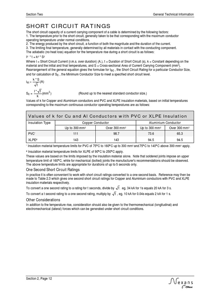 Short Circuit Ratings: Values of K For Cu and Al Conductors With PVC or XLPE Insulation | PDF ...